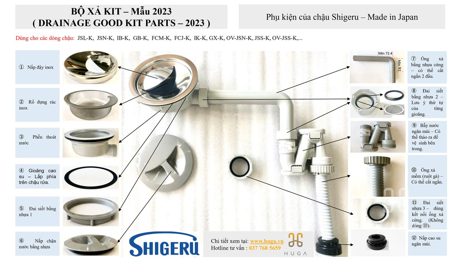 Chậu rửa chén Shigeru JSL-K 2F FS | Trạm sơ chế 2 tầng trượt cùng bộ xả nhật kích thước lớn - HUGA